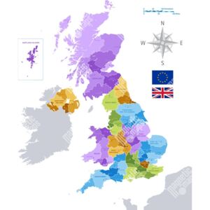 Magnetická mapa Veľkej Británie, administratívna, farebná (samolepiaca ...